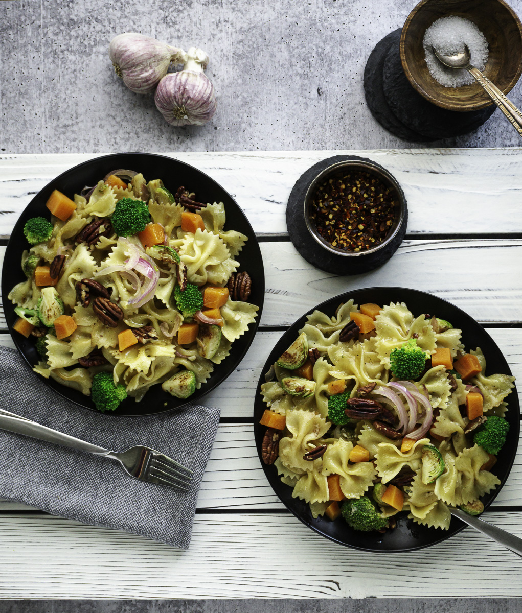 Vegetable Pasta with Sweet Potato and Brussels Sprouts Share the Spice